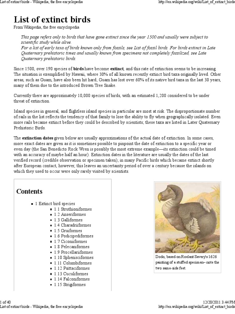List of Extinct Birds - Wikipedia, The Free Encyclopedia | PDF | Birds ...
