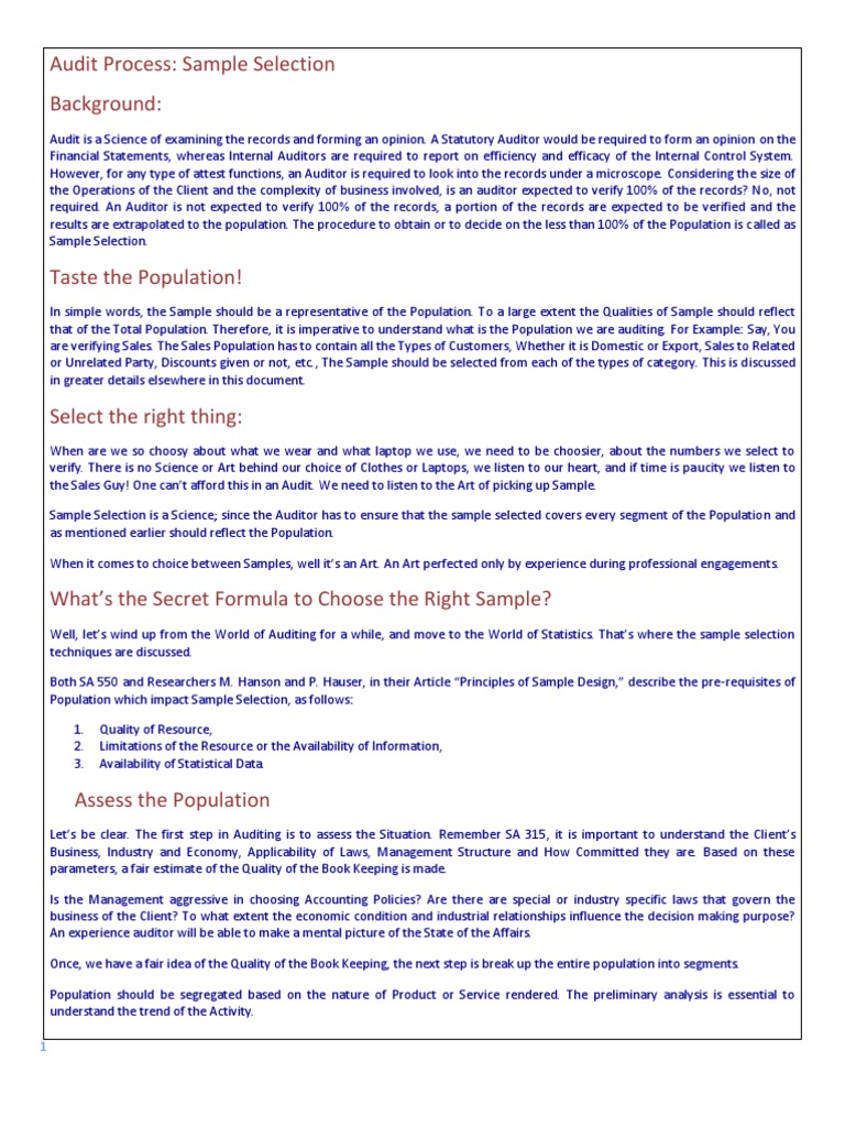 Audit Process Sample Selection | PDF | Sampling (Statistics ...