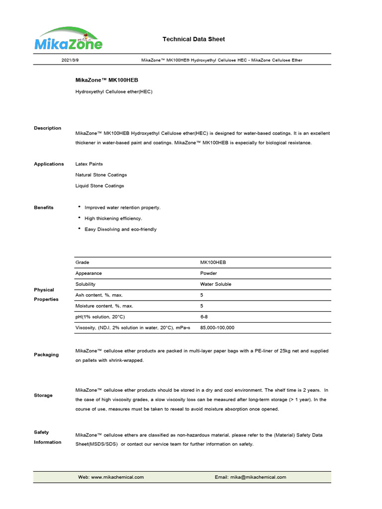 MikaZone™ MK100HEB Hydroxyethyl Cellulose HEC - MikaZone Cellulose Ether | PDF
