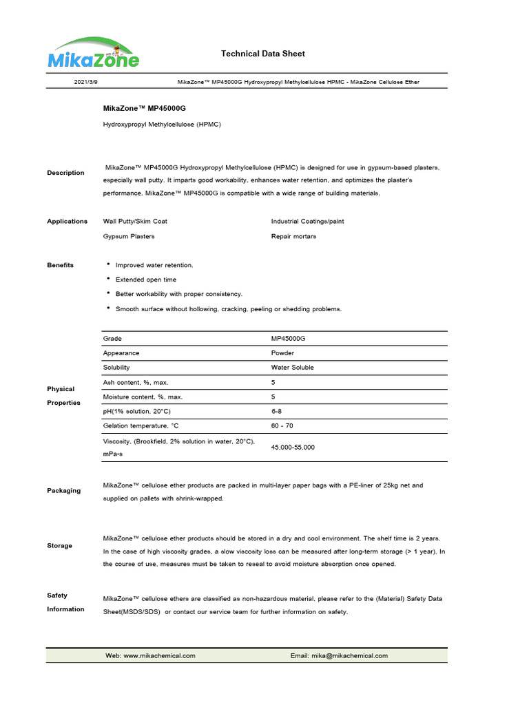 MikaZone™ MP45000G Hydroxypropyl Methylcellulose HPMC - MikaZone Cellulose Ether | PDF ...