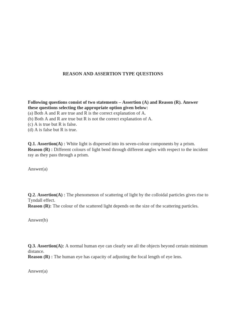 Reason and Assertion Type Questions of Human Eye | PDF
