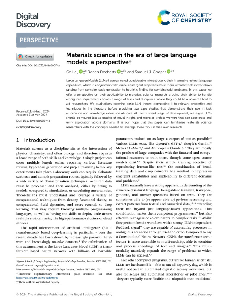 Materials Science in The Era of Large Language Models - A Perspective | PDF