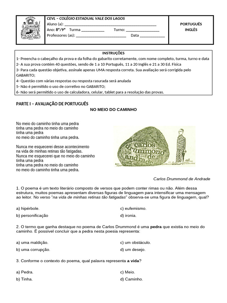 Prova de Português e Inglês - 8º/9º Ano | PDF | Comunicação | Poesia