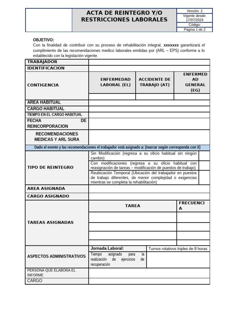 Acta de Reintegro Laboral | PDF