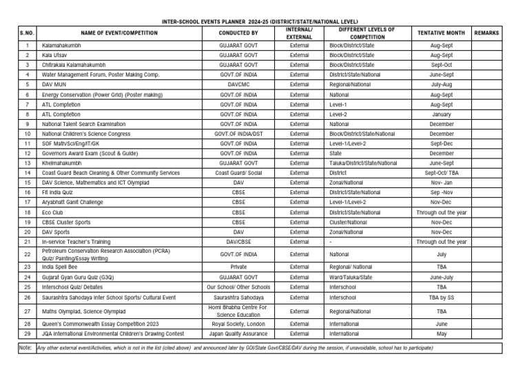 VRW - Inter School Events Planner 20 24-25 | PDF