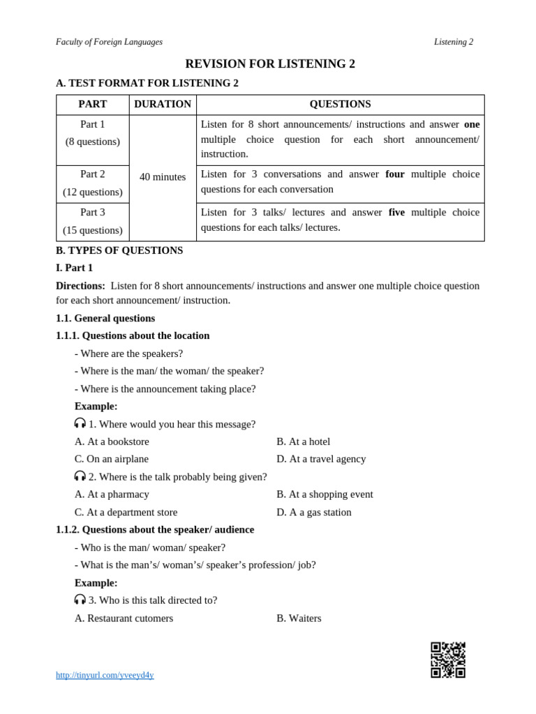 Revision For Listening 2 | PDF