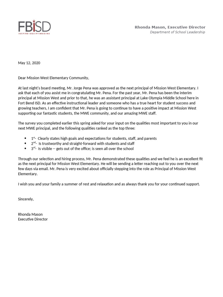 MWE New Principal Introduction Letter J. Pena English | PDF