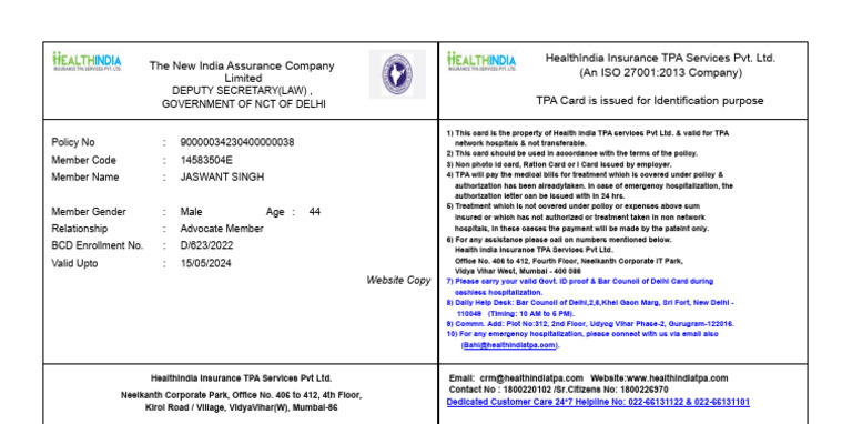 HealthIndia TPA Card Guidelines | PDF