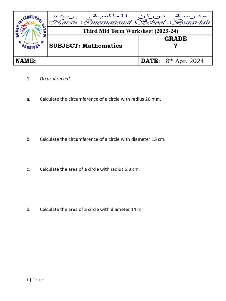 G7 Maths WS2 3MT | PDF