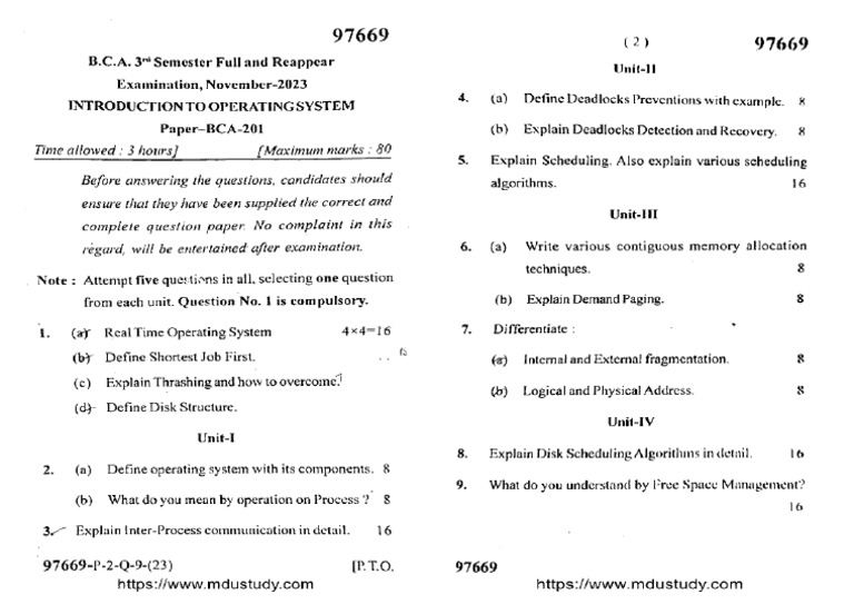Bca 3 Sem Introduction To Operating System 97669 Nov 2023 | PDF