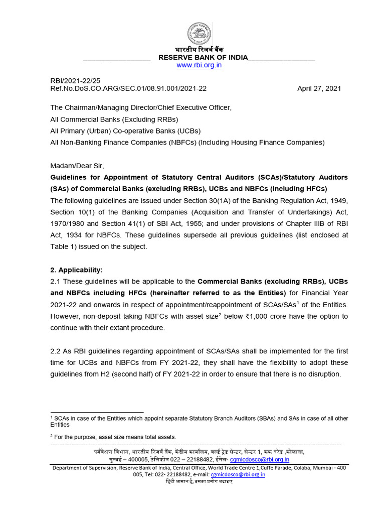RBI Circular-SCA Banks | PDF