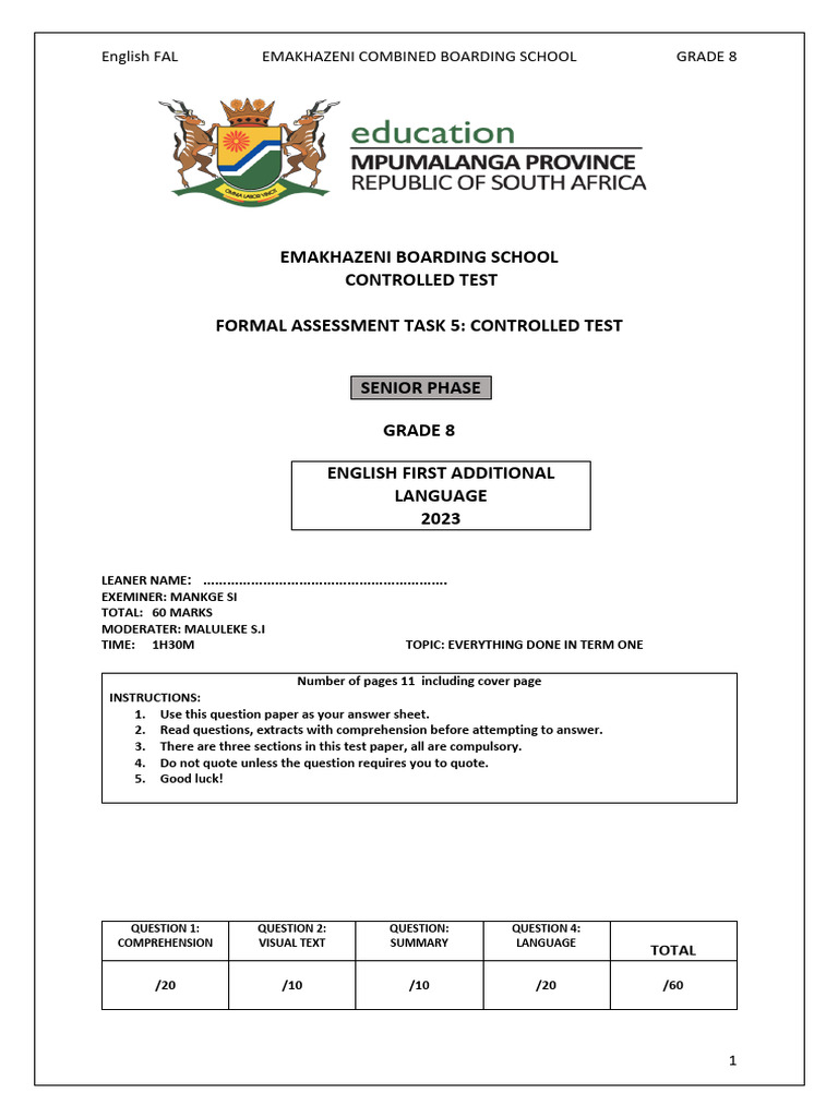 Grade 8 June Exam English | PDF
