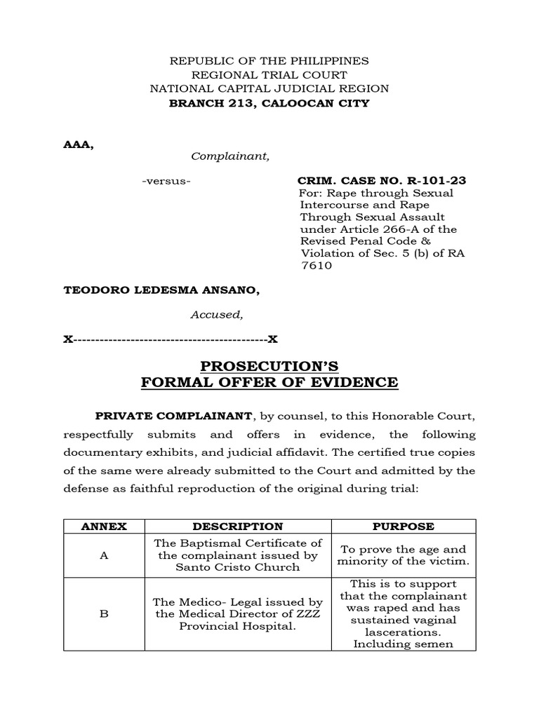 Formal Offer of Evidence - Prosecution. (Sample) | PDF