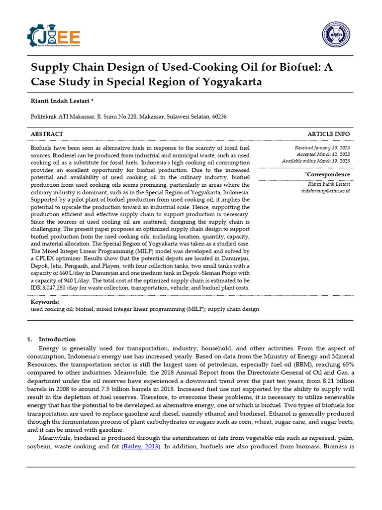 Supply Chain Design of Used-Cooking Oil For Biofuel: A Case Study in ...