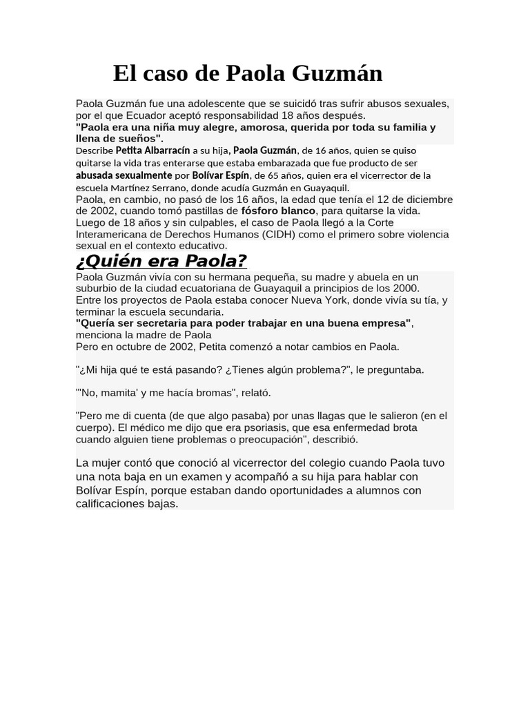 El Caso de Paola Guzmán | PDF | Ecuador | Bienestar