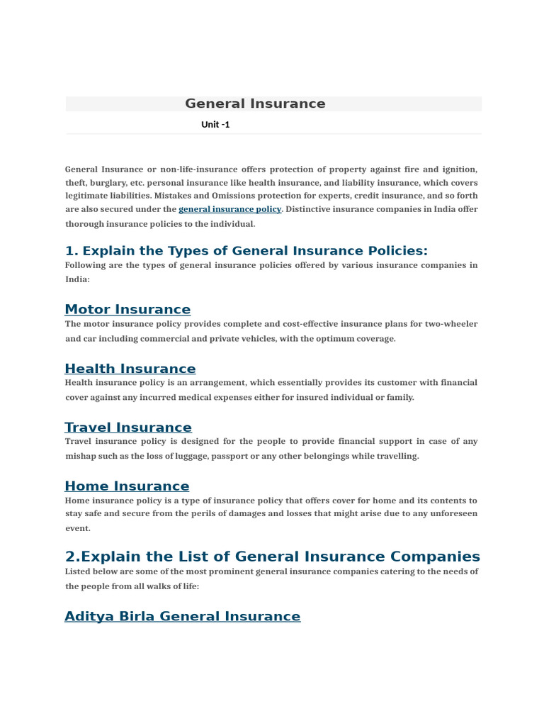 General Insurance Unit - 1 | PDF