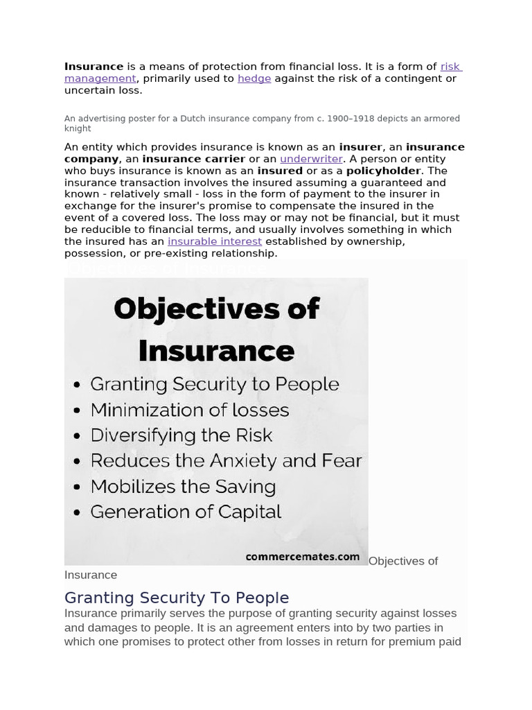 Objectives of Insurance: Granting Security To People | PDF
