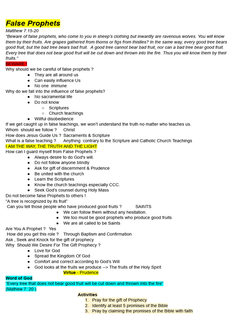 Matthew 7 - 15-20english Kids Note False Prophets | PDF
