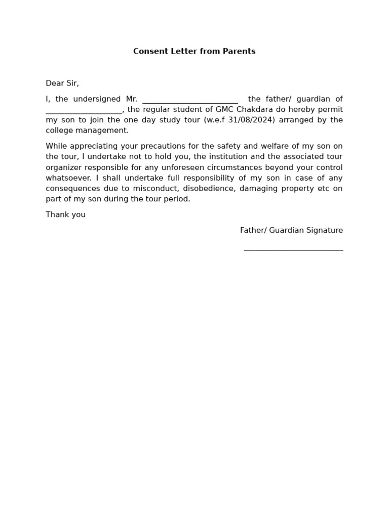 Consent Letter For Tour | PDF