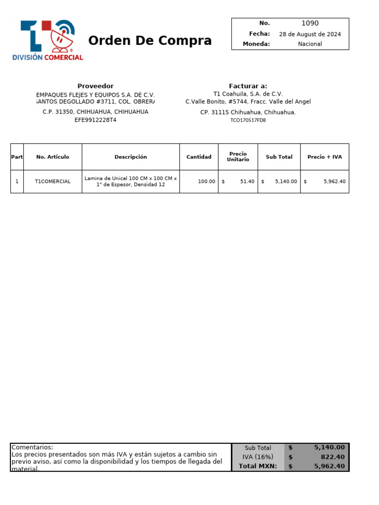 Formato Orden de Compra - EFESA | PDF
