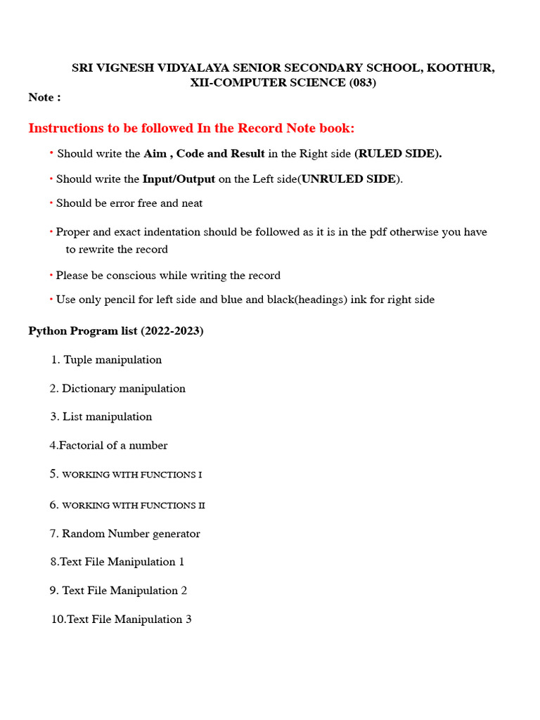 Xii CS Record Programs 2024-2025 | PDF