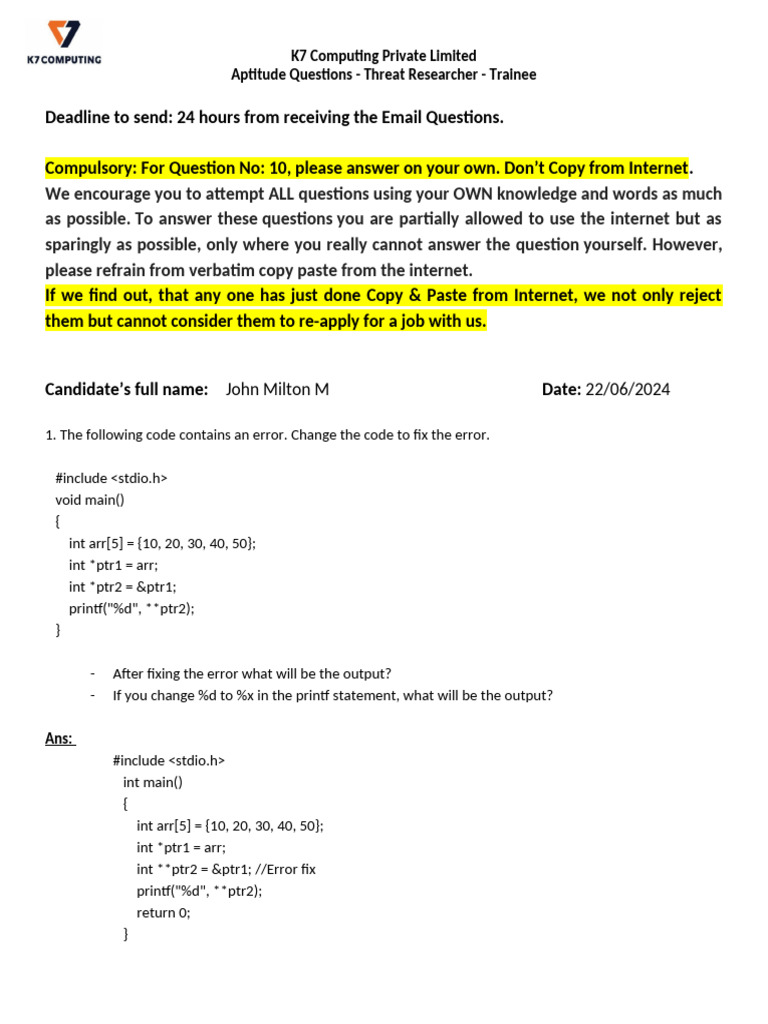 Aptitude Answers - John Milton M | PDF