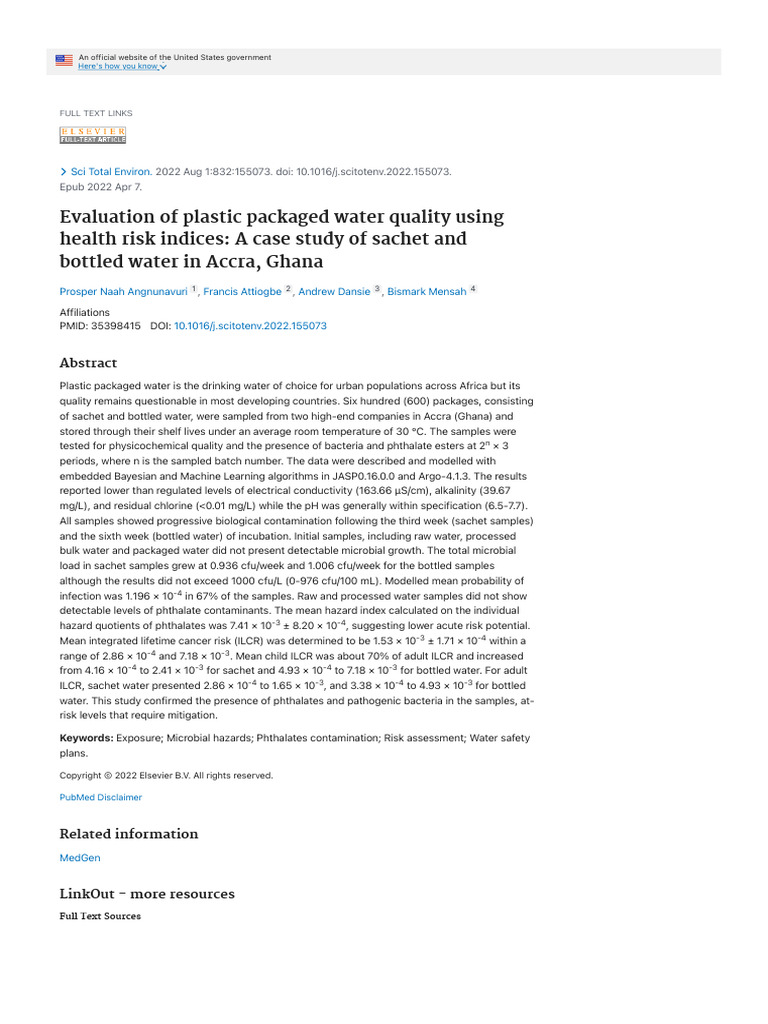 Evaluation of Plastic Packaged Water Quality Using Health Risk Indices ...