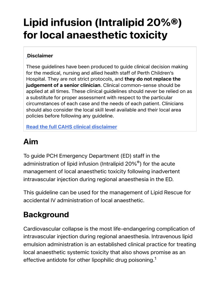 Lipid Infusion (Intralipid 20%®) For Local Anaesthetic Toxicity | PDF