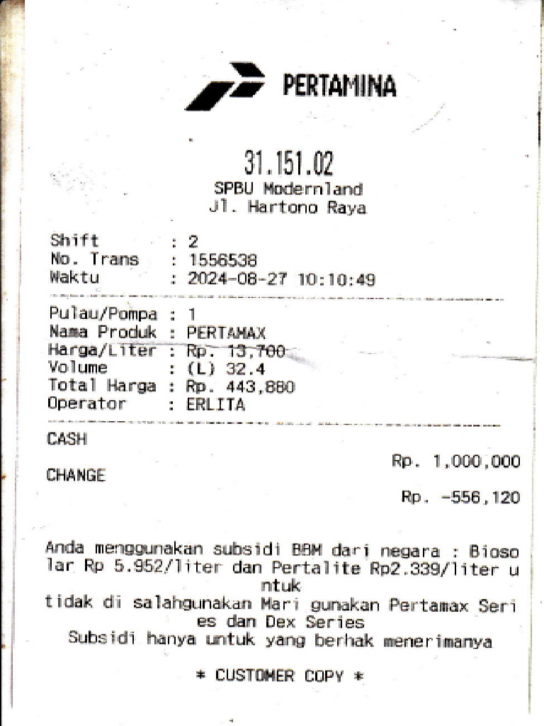 Struk Bensin 28082024 (Bu Cut) | PDF