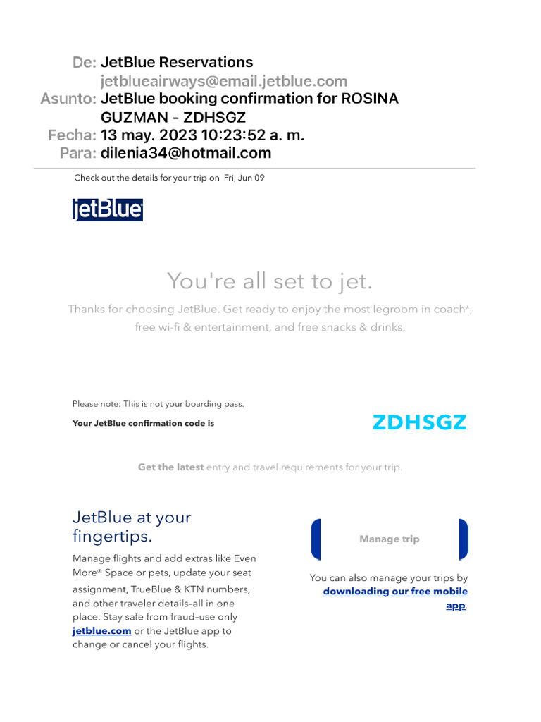 JetBlue Booking Confirmation For ROSINA GUZMAN - ZDHSGZ | PDF