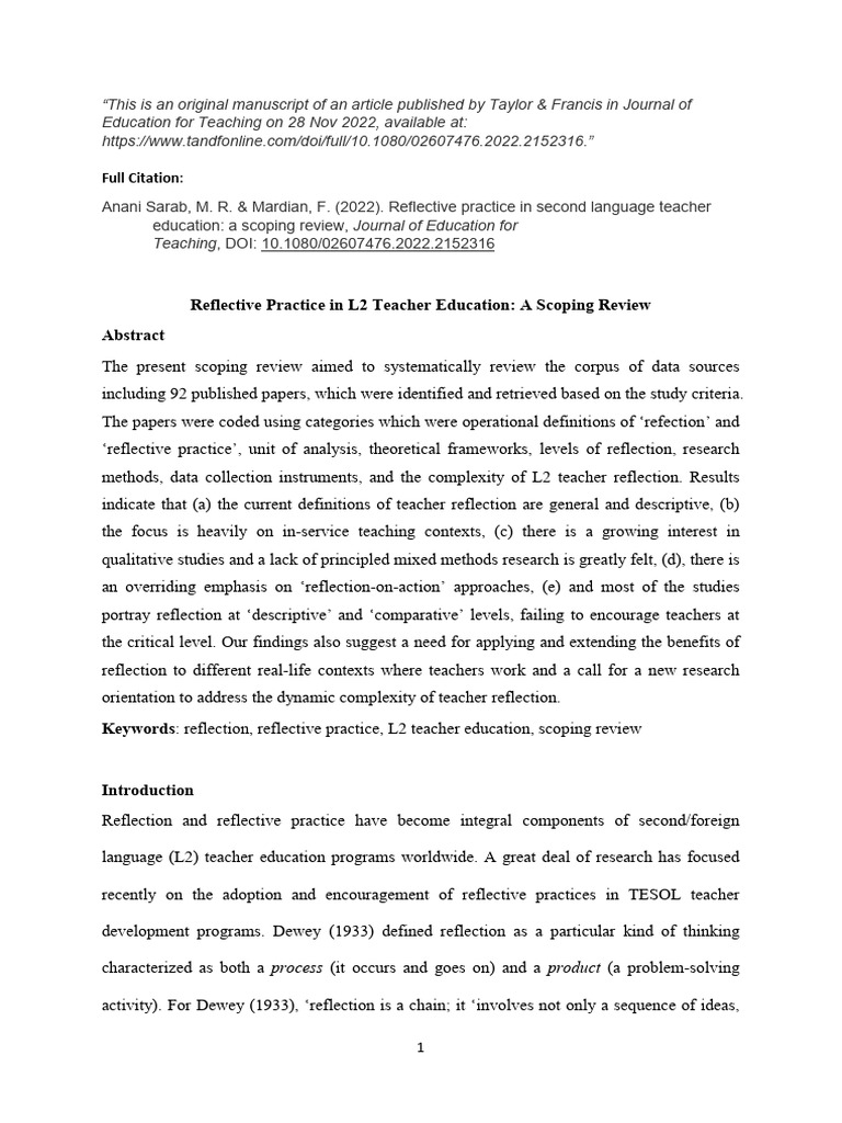 Reflective Practice in L2 Teacher Education A Scoping Review | PDF