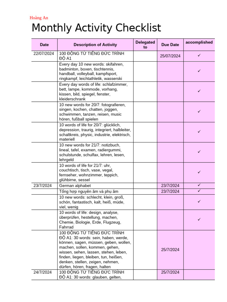 Monthly Activity Checklist 240829 | PDF