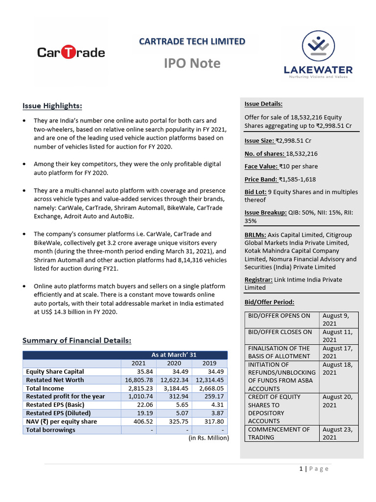 Cartrade IPO Note | PDF | Car Dealership | Business