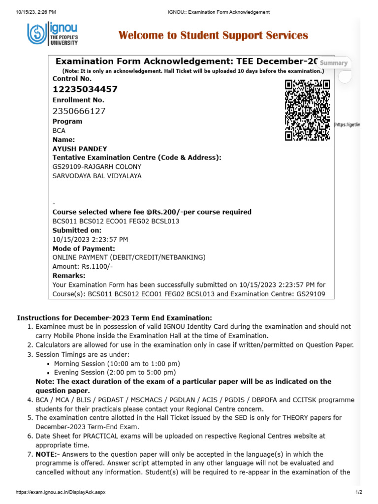 IGNOU - Examination Form Acknowledgement | PDF