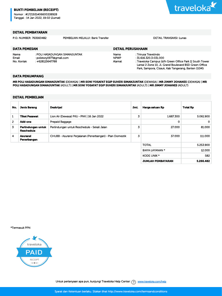 Traveloka Flight Receipt Jan 2022 | PDF