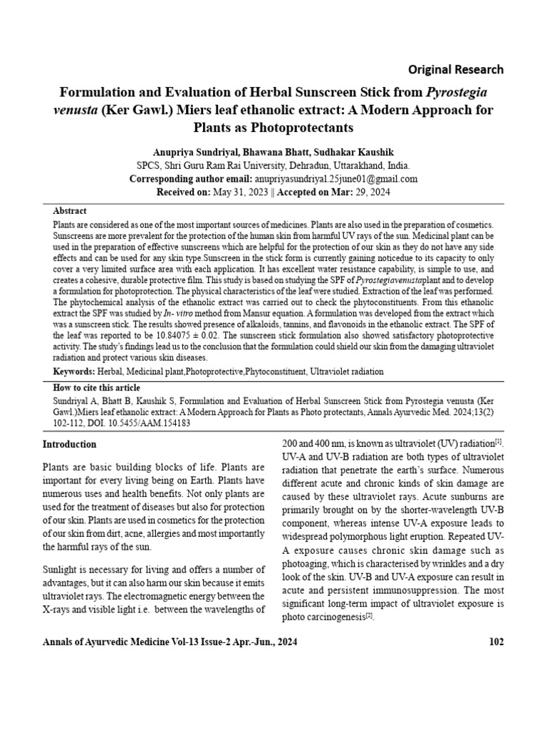 Formulation and Evaluation of Herbal Sunscreen Stick From Pyrostegia ...