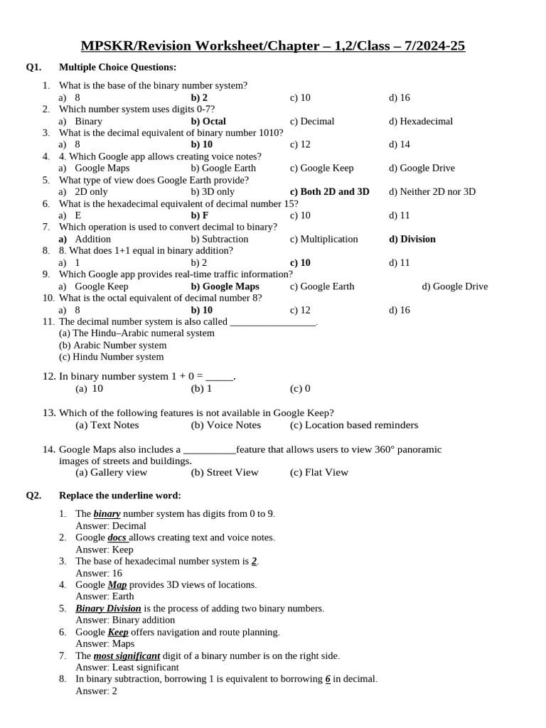 Revisionworksheet Class7 Ch1&2 | PDF
