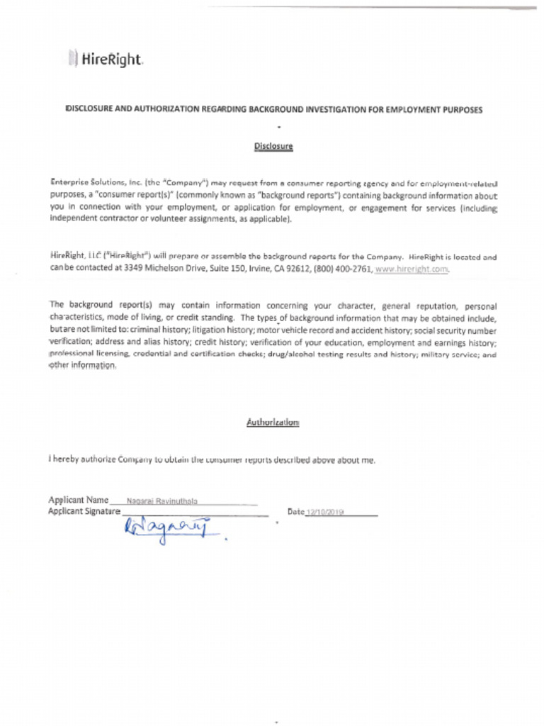 HireRight Authorization and Disclosure Form | PDF