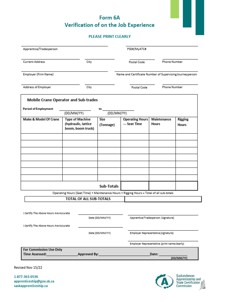 Boom Truck Operator B - Form 6A Verification of Trade Experience 2023 | PDF Boom Truck Operator B - Form 6A Verification of Trade Experience 2023 | PDF
