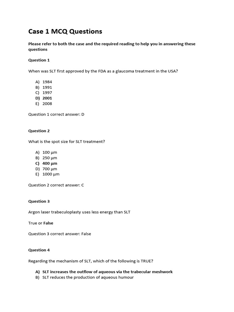 Case 1 MCQ Questions Answers | PDF | Glaucoma | Self-Improvement
