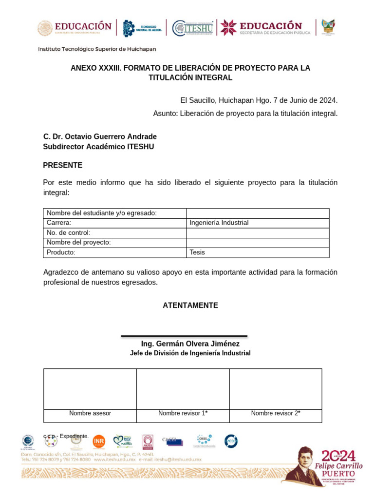 Anexo Xxxiii. Formato de Liberación de Proyecto para La | PDF