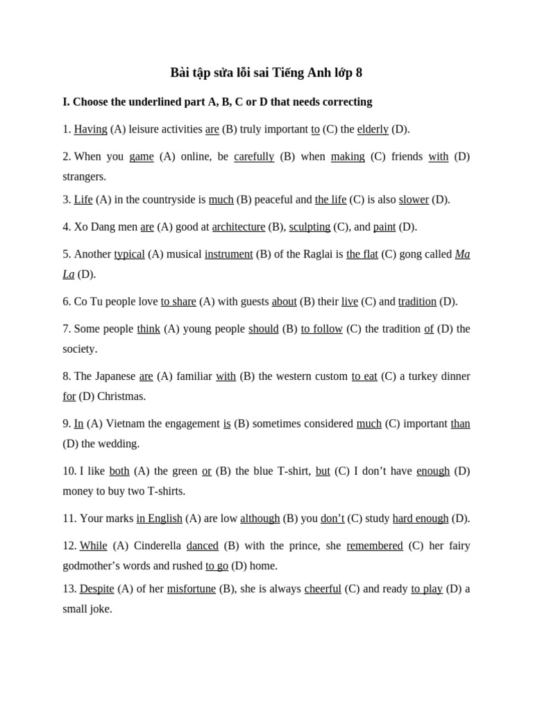 Bai Tap Tim Loi Sai Tieng Anh Lop 8 | PDF