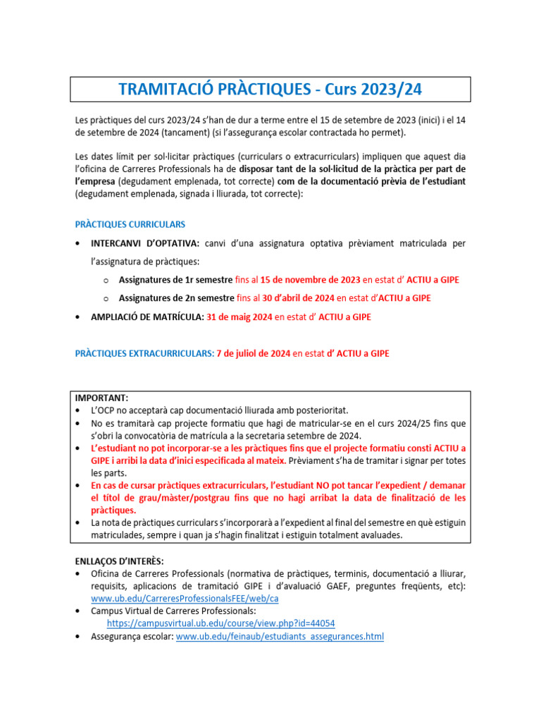 Calendari de Pràctiques Externes Matriculació 2023 2024 | PDF