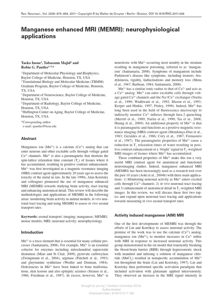 Manganese Enhanced MRI (MEMRI) Neurophysiological | PDF