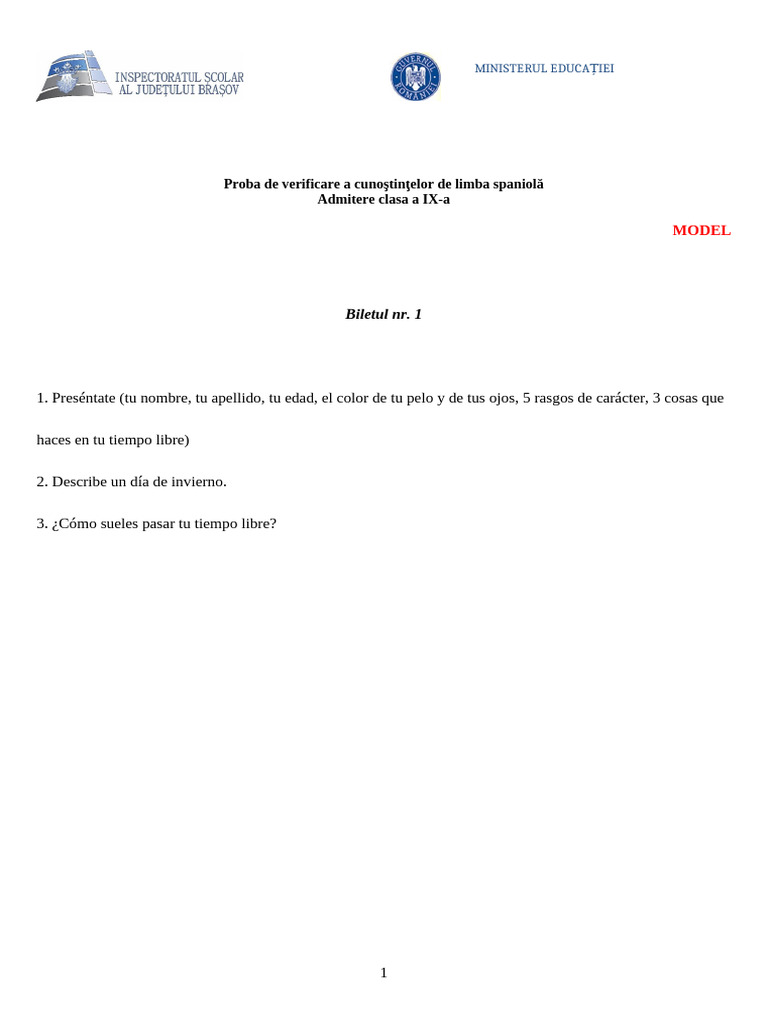 Model Subiect - Proba Orala - SPANIOLA 2024 | PDF