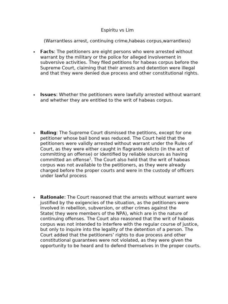 Espiritu Vs Lim | PDF | Habeas Corpus | Social Science