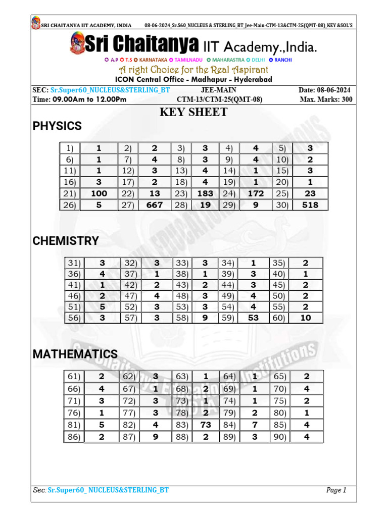 08-06-2024 - Sr.S60 - NUCLEUS & STERLING - BT - Jee-Main-CTM-13&CTM-25 (QMT-08) - KEY & Sol'S | PDF