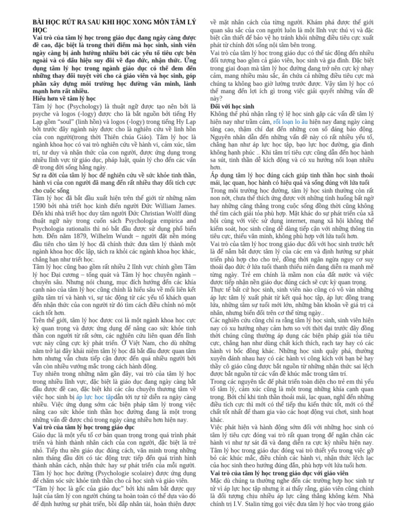 Bài Học Rút Ra Sau Khi Học Xong Môn Tâm Lý Học | PDF