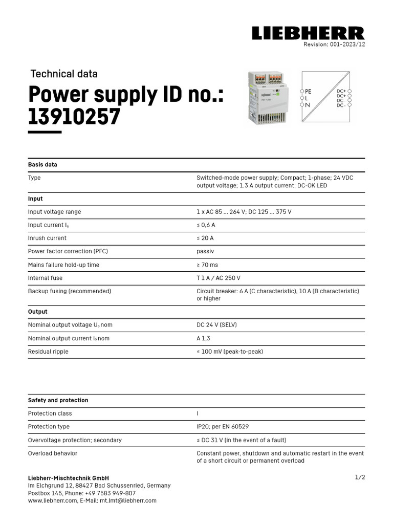 Data Sheet Power Supply 13910257 | PDF
