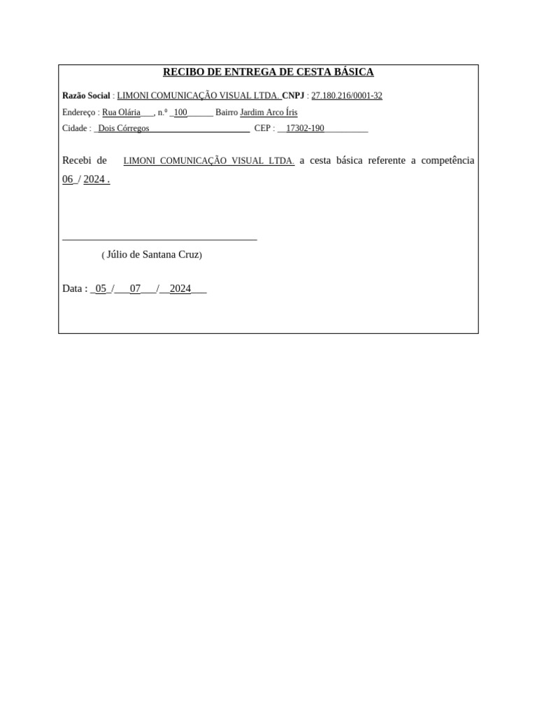Recibo de Entrega de Cesta Básica | PDF